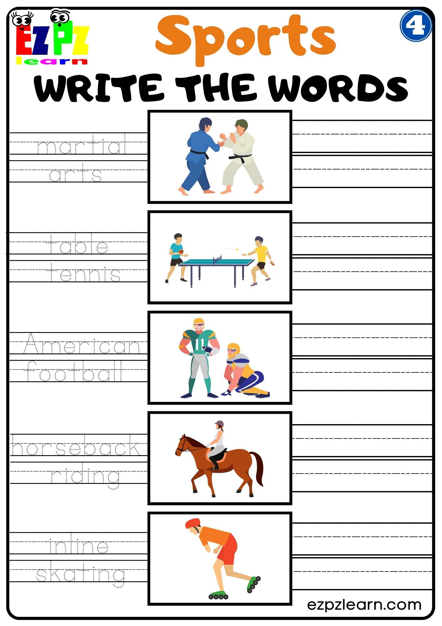 Group 4 Sports Write the Words Worksheet for K5 and ESL Students PDF Download - Ezpzlearn.com
